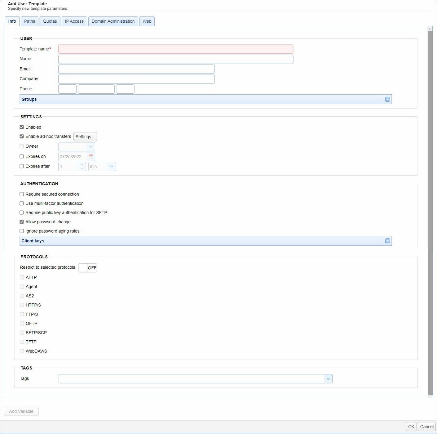 Defining user templates