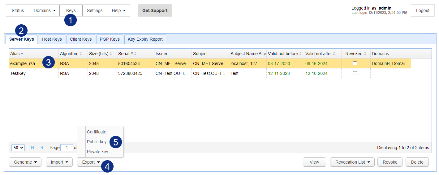 Exporting a certificate, public or private key
