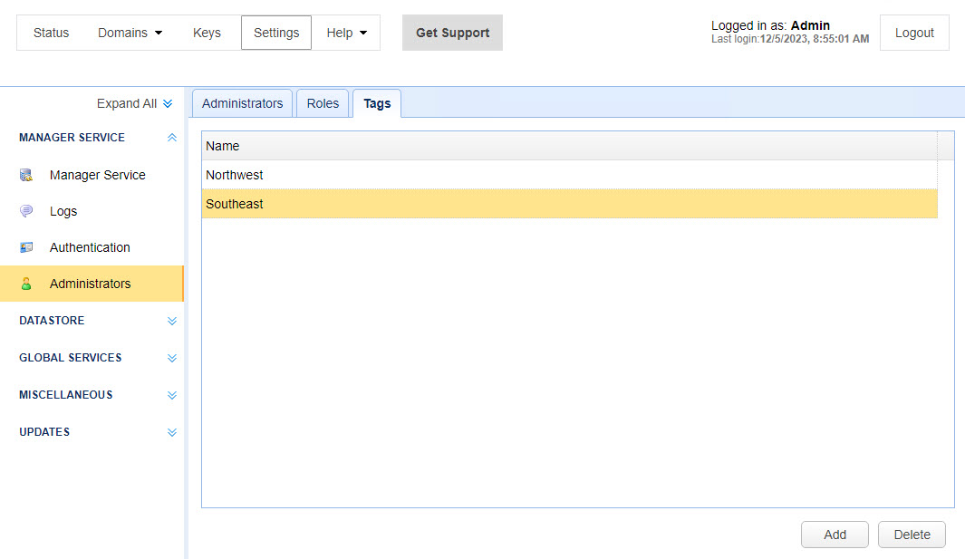 Managing administrative tags