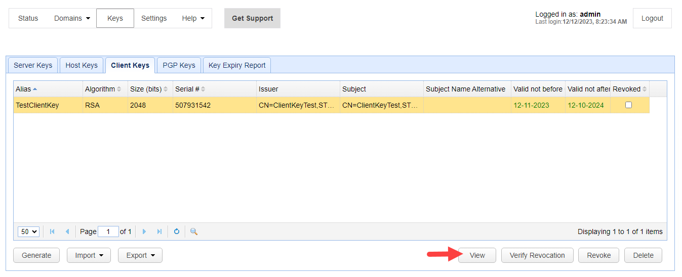 Viewing client key details
