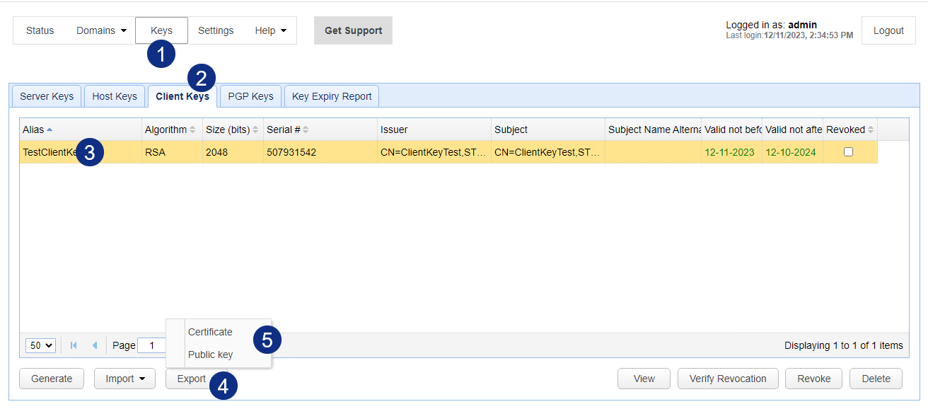 Exporting a certificate and/or public key